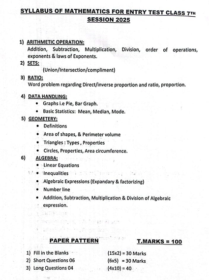 Syllabus Paper Pattern Maths 7th Class Entry Test 2025 Batrasi