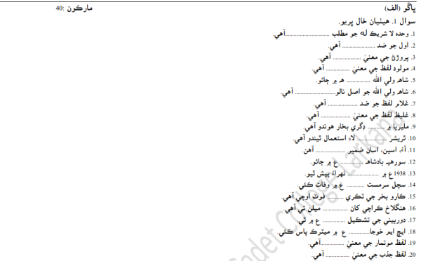 Sample Paper Sindhi Shaheed Benazir Bhutto Girls Cadet College Larkana